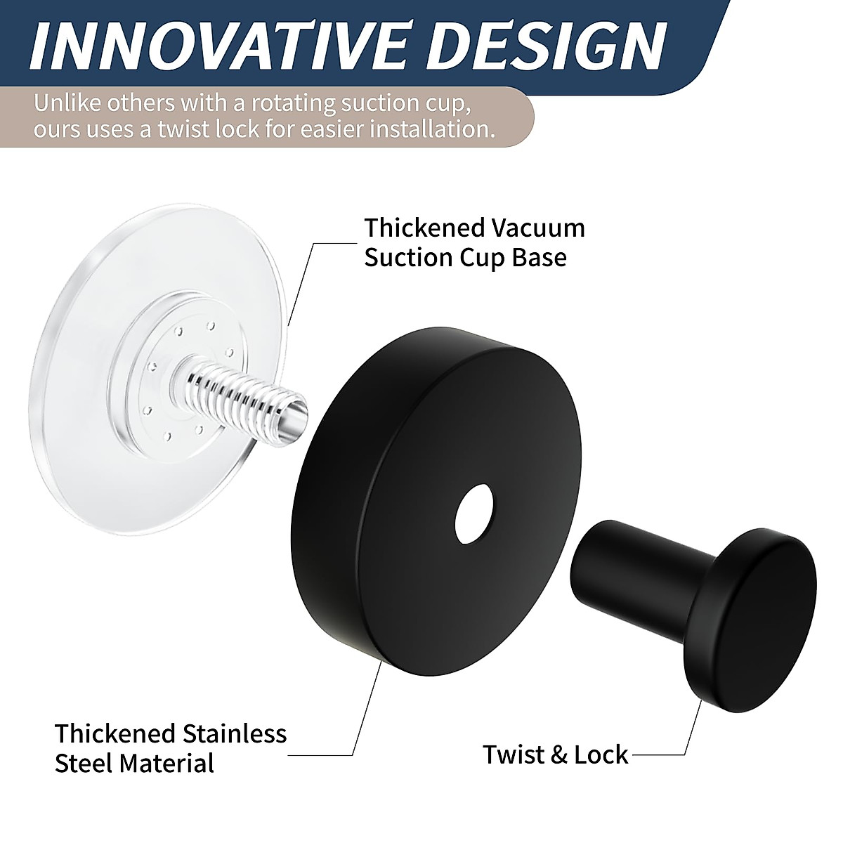 Ycxz Suction Cup Hooks for Shower,12LB Heavy Duty No-Drill Stainless Steel Shower Hooks for Inside Shower,Suction Hooks for Shower Wall,Bathroom,Kitchen,Glass Door,Tile,Mirror (Matte Black, 2 Pack)