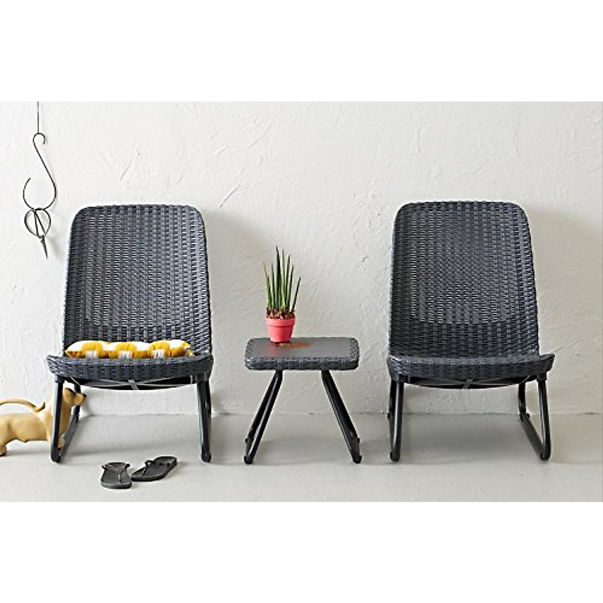 Keter Resin Wicker Patio Furniture Set with Side Table and Outdoor Chairs, Dark Grey