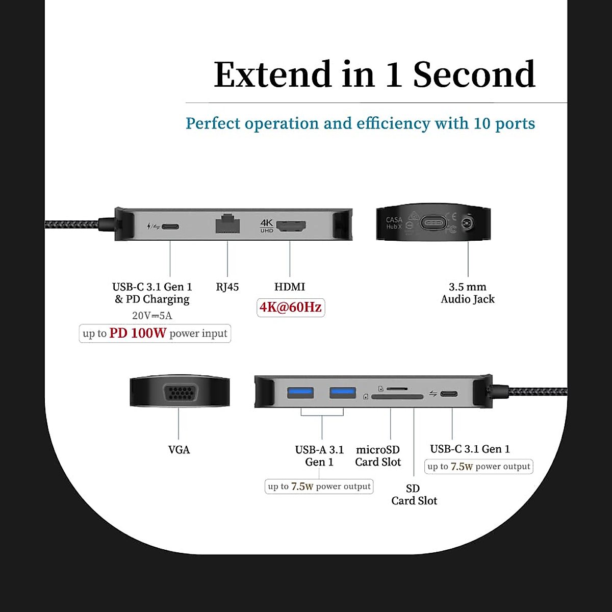 ADAM elements USB-C Hub/Laptop Docking Station – CASA Hub X 10in1 Multiport Adapter for Mac & PC - USB-C PD, USB-C, USB-A 3.1 x2, HDMI, VGA, RJ45, SD & microSD Card Reader, Audio