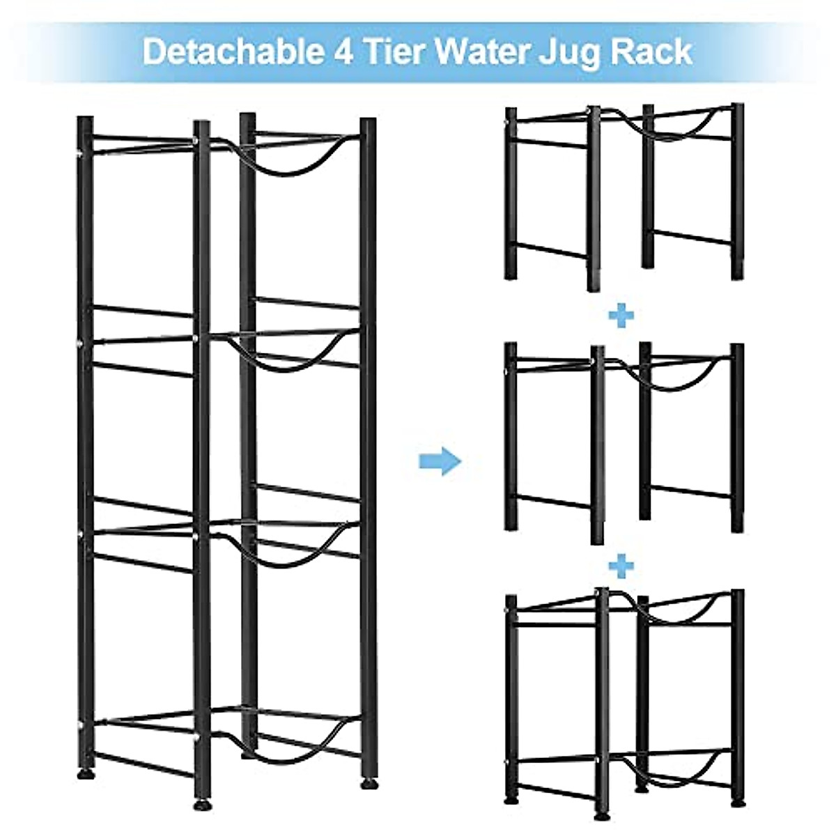 Water Jug Rack for 5 Gallon, Heavy Duty Water Cooler Jug Bottle Holder Save Space Detachable Water Bottle Plastic Glass Carrier Storage Shelf Organizer, 4-Tier, Black