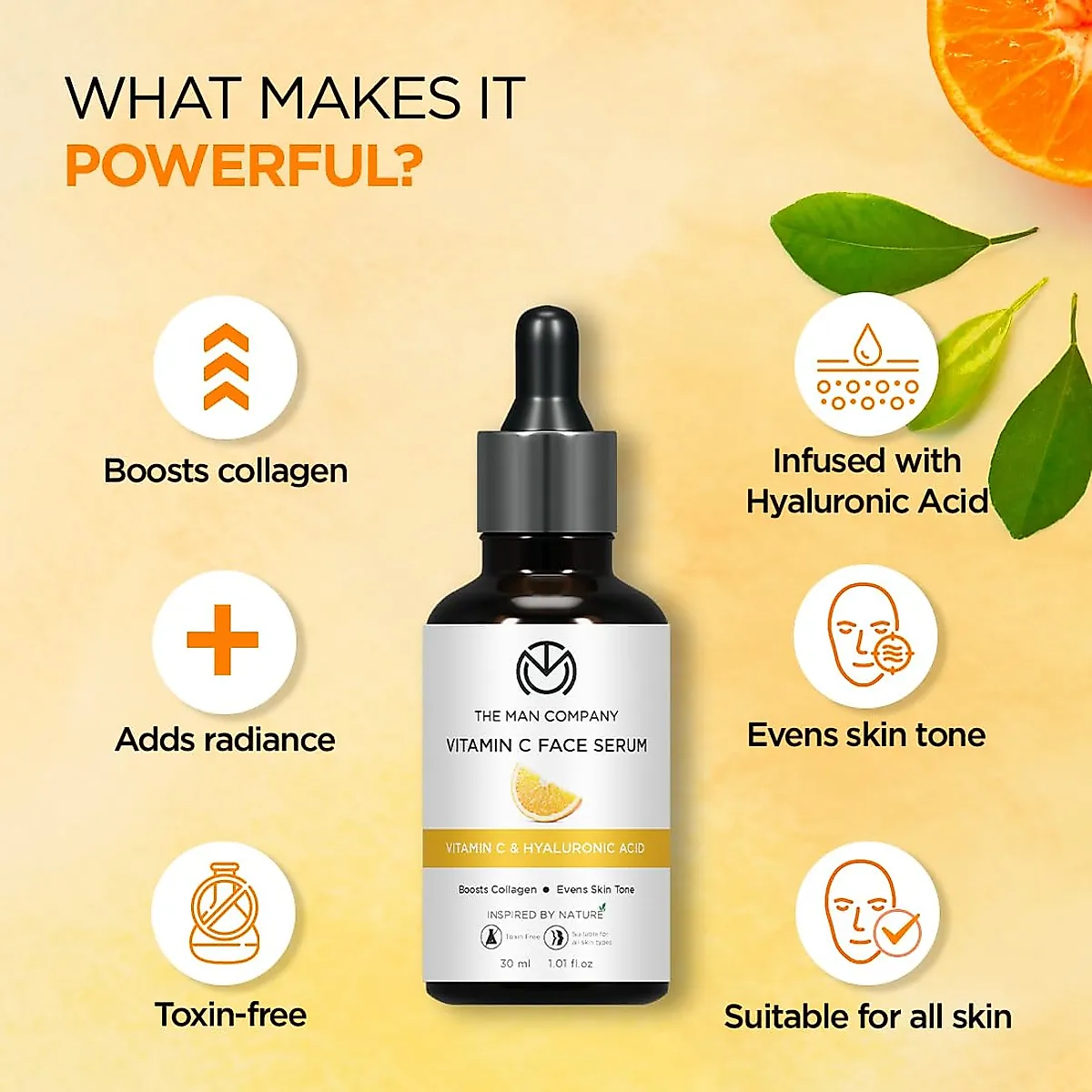 The Man Company 40% Vitamin C Face Serum With Hyaluronic Acid | Boosts Collagen | Glowing & Brightening Skin | Soft, Smooth & Supple | All Skin Types -30ml