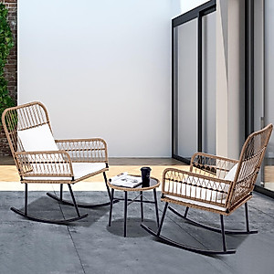 3-Pieces Patio Outdoor Rocking Chairs Set,Beige Wicker Patio Furniture Set Rattan Woven Blacony Furniture Set for Outdoor Indoor with Washable White Cushions and Glass Coffee Table