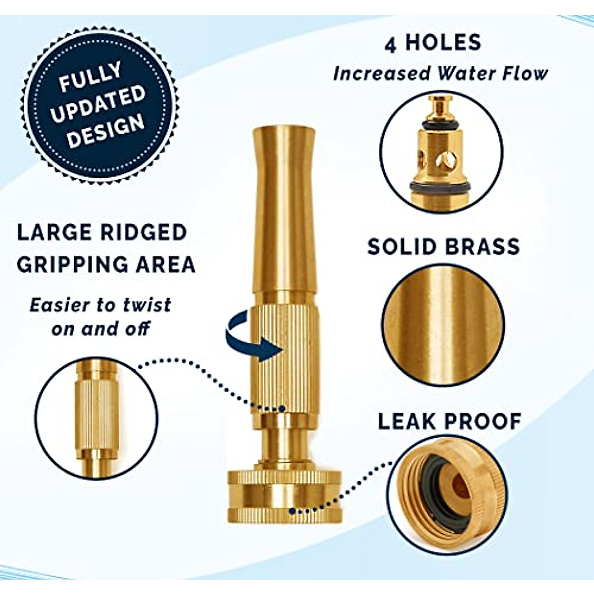 Morvat Solid Brass Metal Twist Garden Hose Nozzle, Heavy Duty Adjustable Power Spray Attachment, High Pressure Water Jet Sprayer with ¾” Standard Threading, Includes 2 Extra Rubber Washers