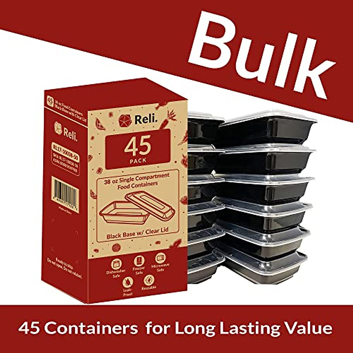 Reli. Meal Prep Containers, 38 oz. | 45 Pack | Large 1 Compartment Food Container w/Clear Lids | Microwavable Food Storage Containers |Black Reusable Bento Box/Lunch Box Containers for Food/Meal Prep