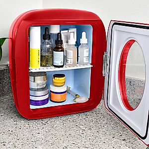 Frigidaire Retro Mini Personal Fridge Cooler, Holds 9L or 12 Cans, Portable for Car, Office, Bedroom, Dorm Room, or Cabin, Features Plugs for Home Outlet & 12V Car Charger - 10"D x 7"W x 10.5"H, Red