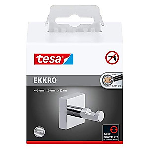 tesa EKKRO Bathroom Hook - No Drill Chromed Metal Self-Adhesive Hook for The Bathroom in Round Design - Stainless - Waterproof - Includes Removable Glue Solution