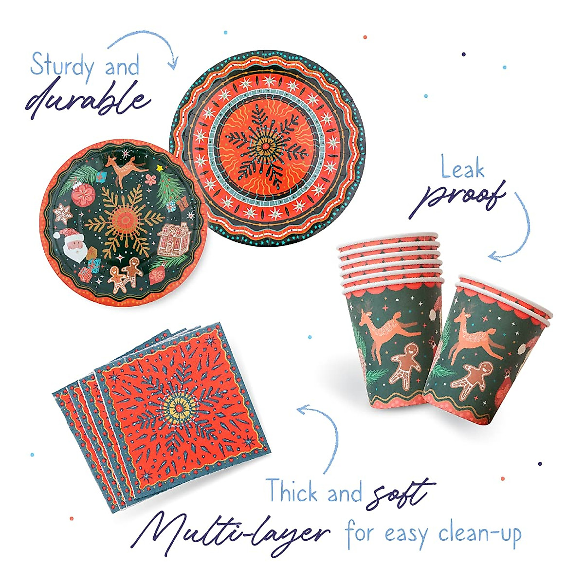 Christmas Paper Plates and Napkins Serves 16 Guests - Merry Christmas Tableware Sets With Santa Claus, Tree Snowflake | Disposable Paper Large Dinner Plates, Small Dessert Plates, Cups and Napkins