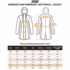 33,000ft Women's Softshell Long Jacket with Hood Fleece Lined Windproof Warm up Waterproof Windbreaker