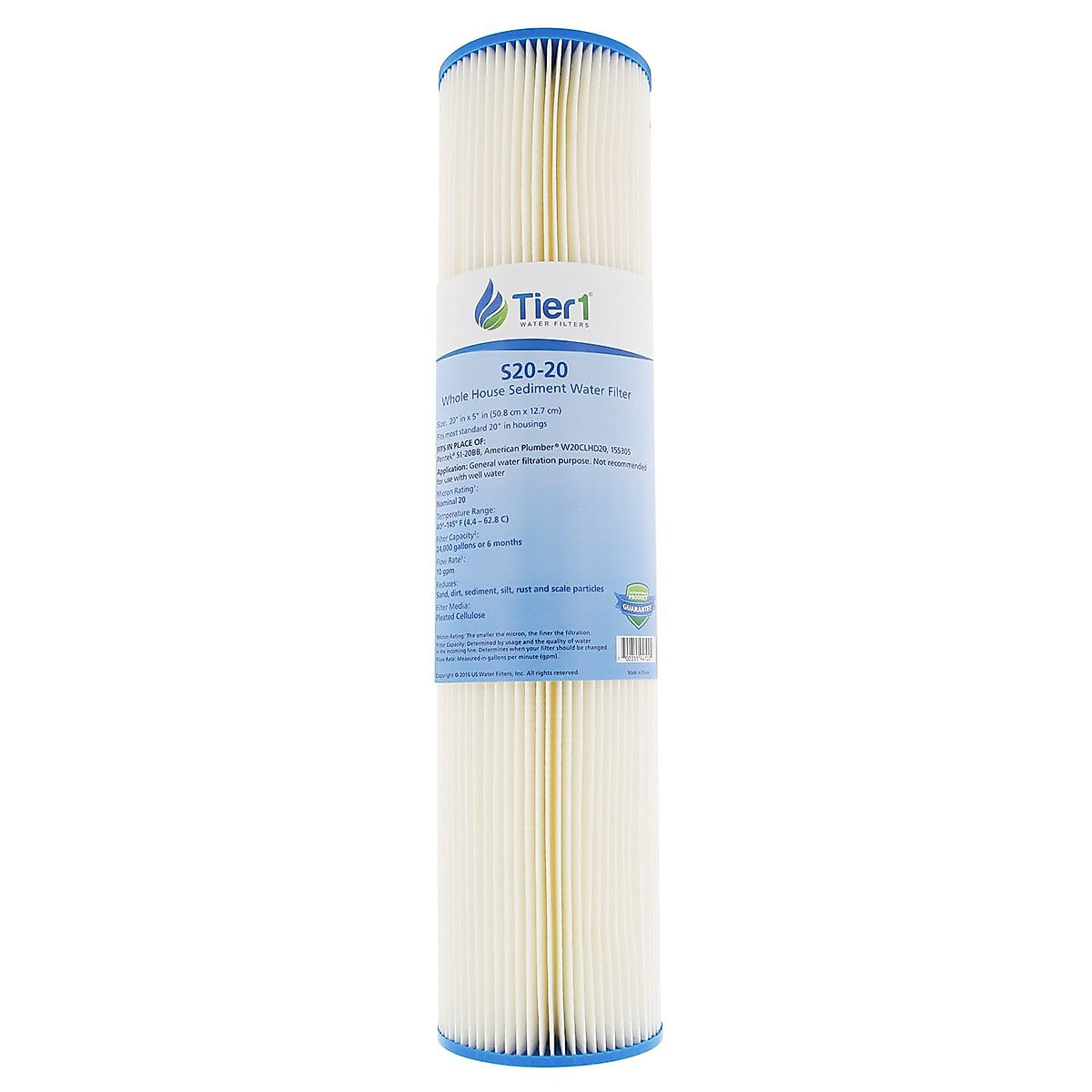 Tier1 20 Micron 20 Inch x 4.5 Inch | Pleated Cellulose Whole House Sediment Water Filter Replacement Cartridge | Compatible with Pentek S1-20BB, 155305-43, W20CLHD20, Home Water Filter