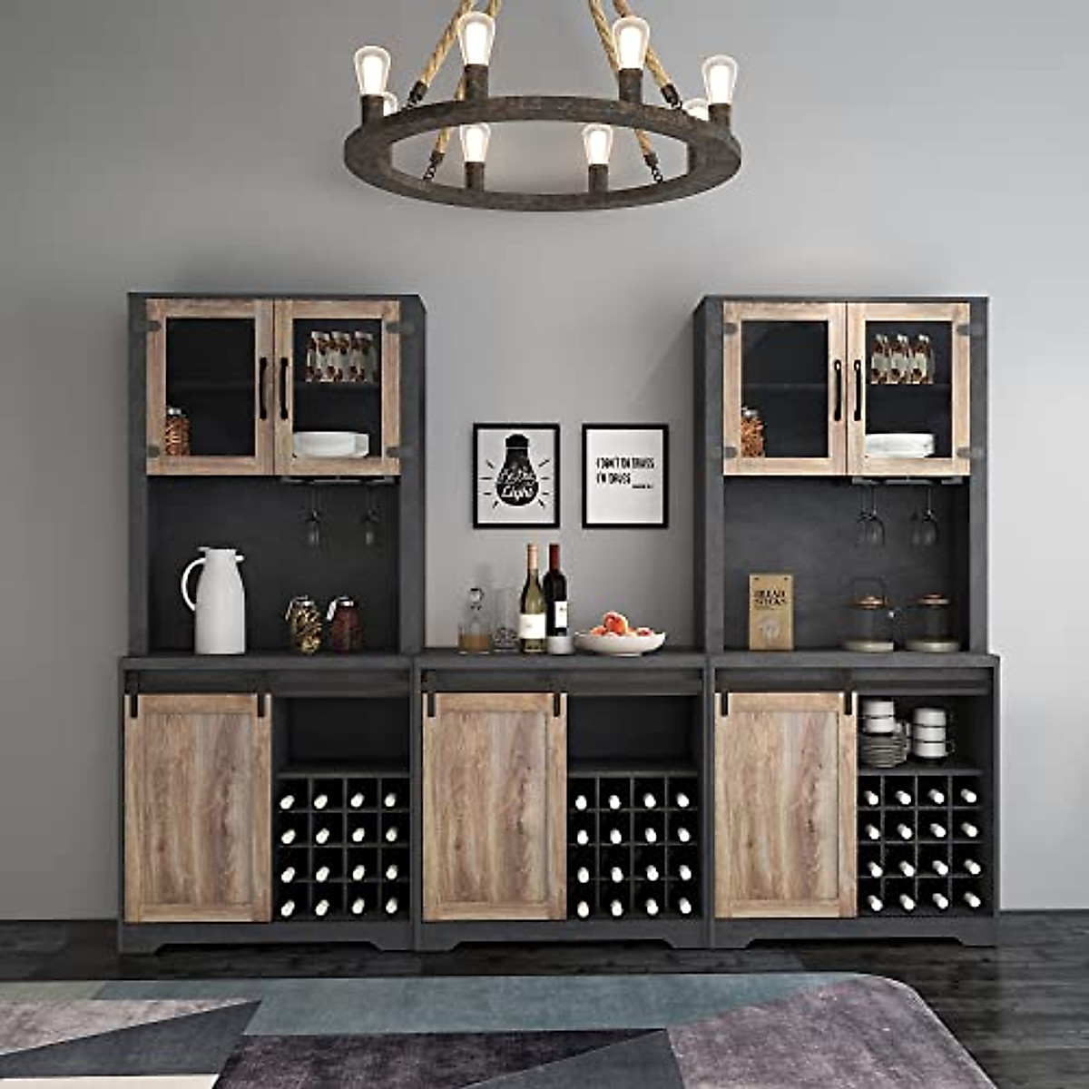 Holaki Wine Bar Cabinet,Kitchen Hutch Storage Cabinet with Sliding Barn Door and Shelves,Farmhouse Sideboard and Buffet Cabinet with Wine Rack,Coffee Bar Cabinet for Living,Dining Room,Kitchen(Black)