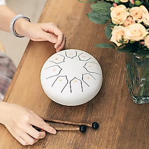 YeahLoop Steel Tongue Drum,6 Inch 8 Notes Tambourine,Percussion Set with Bag,Music book,Mallets,Mallet Holder and Finger Plectrums for Meditation Entertainment (White)