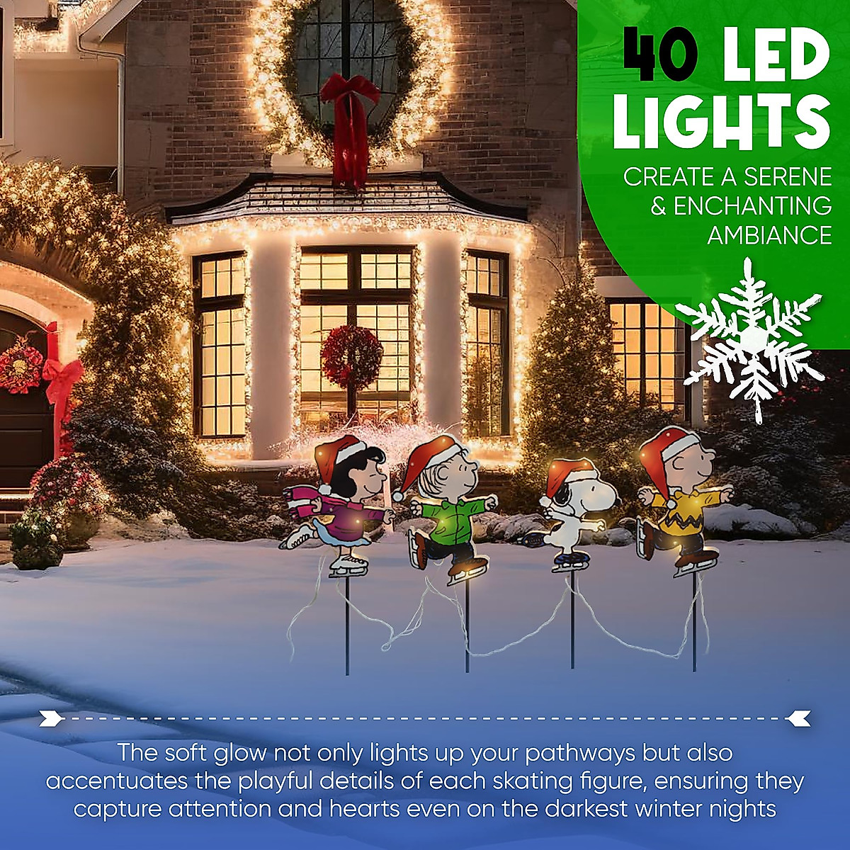 PRODUCTWORKS 12-Inch Peanuts 2D Pre-Lit Yard Art with 40 LED Lights Flat PVC Christmas Pathway Markers with Lucy, Linus, Snoopy and Charlie Brown