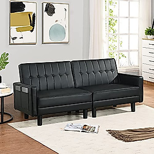 SAMERY Futon Sofa Bed Couch and Sleeper Sofas for Living Room, Faux Leather Convertible Folding Sofa Bed Couch and Loveseat for Small Space with Side Pockets Armrest and Sturdy Legs
