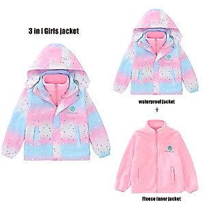 UWBACK Girls Jacket 3 In 1 Detachable Liner Fleece Windproof Waterproof Winter Coat With Hood Pink Love 150