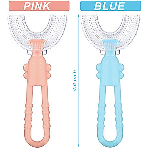 Geiserailie 4 Pack Kids U Shaped Toothbrush with Silicone Brush Head Whitening Massage Toothbrush U-Type Toothbrush Whole Mouth Toothbrush with Handle for Child (Pink Blue,Stylish Style)