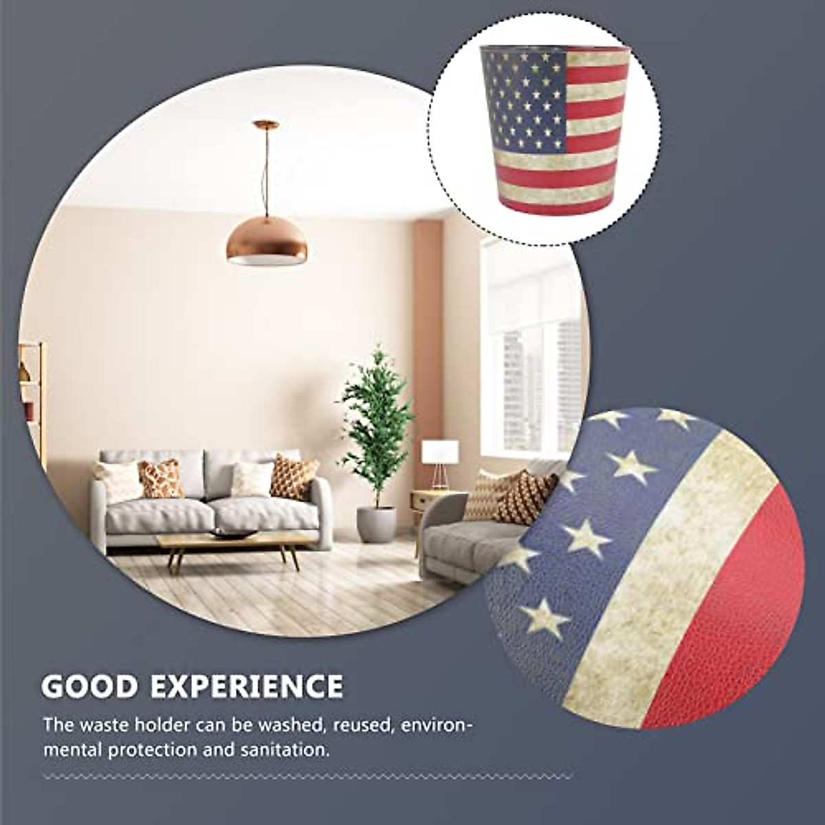 Cabilock US American Flag Trash Can Vintage Wastebasket PU Leather Waste Paper Bin Decorative Garbage Can Waste Bucket for Home Office USA Flag Pattern