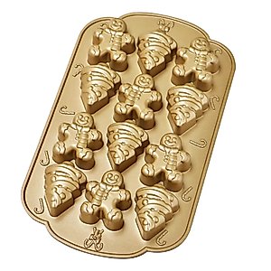 Wehome Gingerbread Cake Pan Cakelet Pan，Non-stick Cast Aluminum Muffin Pan，12-Cavity Snowman and Christmas Tree Gingerbread Baking Pan，Heavy-gauge Bakeware Pan