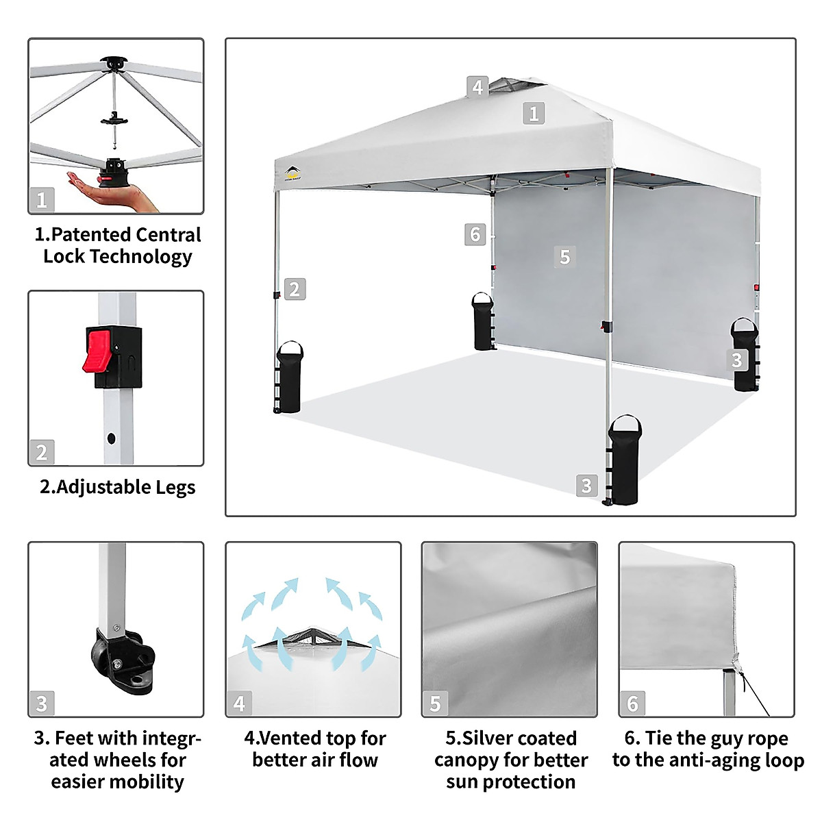 CROWN SHADES Canopy Tent 10x10 Pop Up Canopy Outdoor Shade with One Sidewall, Easy Up Sun Shelter with One Person Set Up Center Lock, Portable Instant Camping Beach Canopy Tents, White