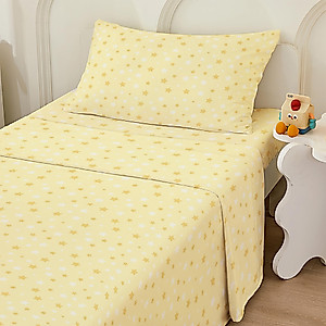 Bedmoon Boys Girls Twin Sheets, Kids Yellow Star Bed Sheet Set with Non-Slip Fitted Sheet, Boys Girls Star Soft Microfiber Twin Sheets & Pillowcases