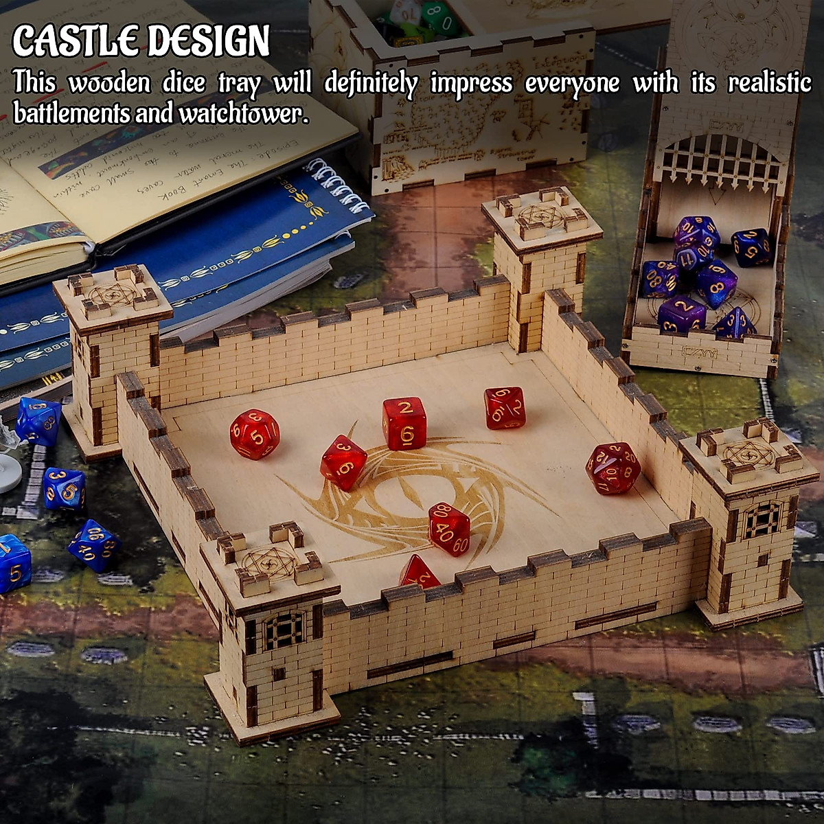 DIY Wood Square Dice Holder Cool 3D Castle Design Carved Dragon Eye - Easy Rolling Dice Tray for DND, RPG and Board Game