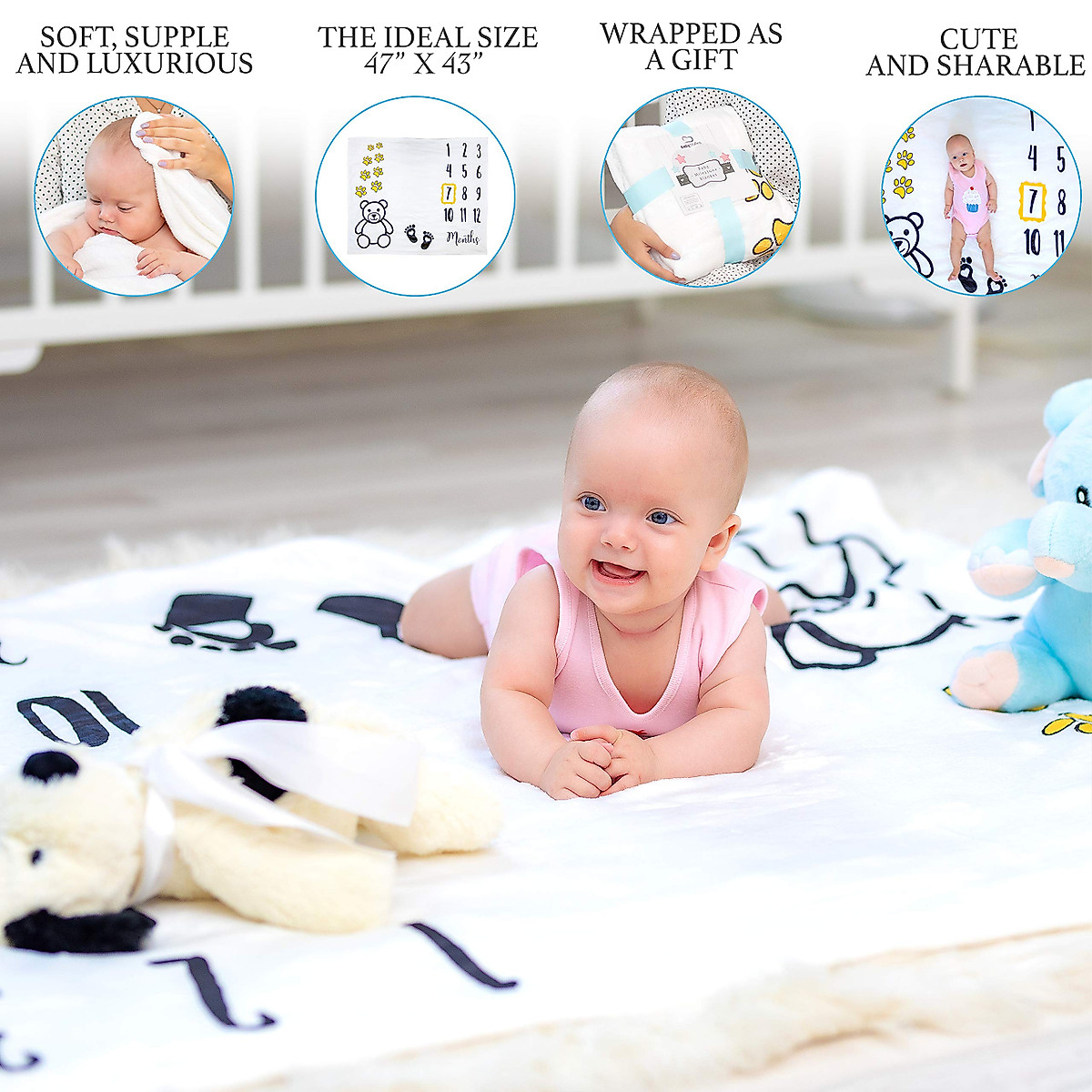 Baby Milestone Blanket for Baby Boy, Girl, Super Soft Teddy Bear & Paw Print Large Fleece, 47” x 43”, Includes Frame