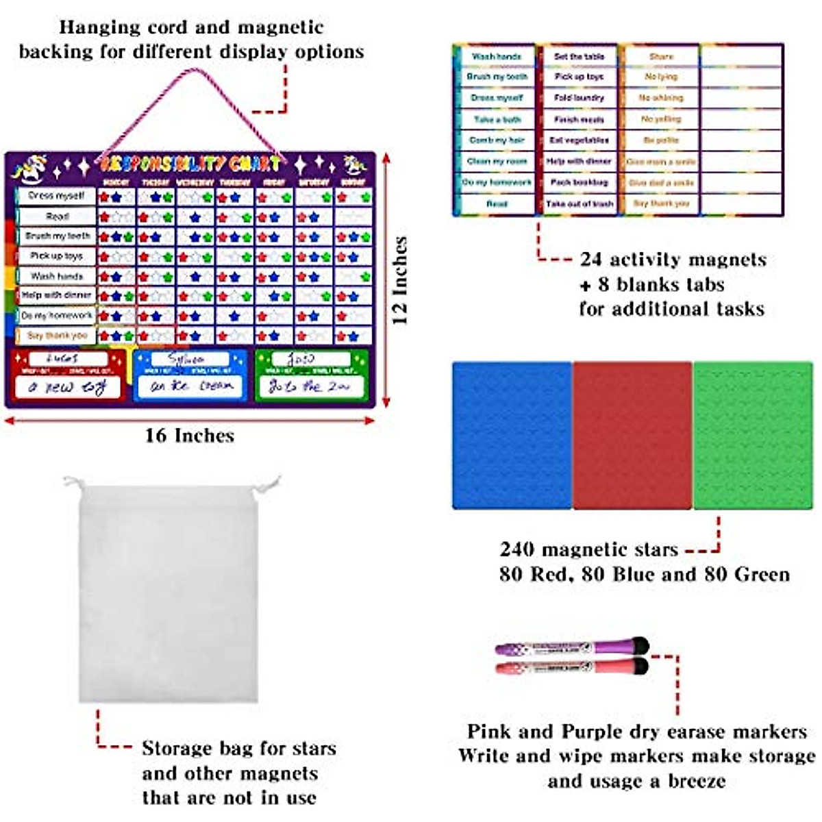 Magnetic Chore Chart, Responsibility Reward Chart for Multiple Kids Toddlers Unicorn Good Behavior Reward Chart for Fridge at Home Gift for Children - Dry Erasable, Purple