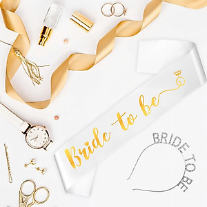 2 PCS Bride to Be Sash, Bride Headband for Wedding, Rhinestone Bridal Tiara & White Gold Bride Sash Bachelorette Party Accessories for Bridal Shower, Engagement, Wedding