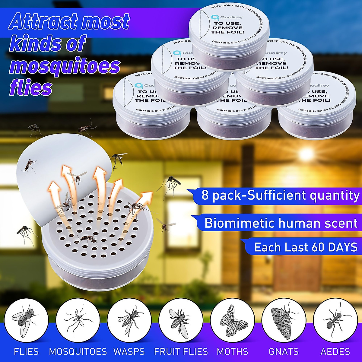 Qualirey 8 Pcs Mosquito Attractant for Bug Zapper, Each Last 60 Day Pest Lure Mosquito Trap Fly Biting Insect Bait Refill High Catch Rate Compatible with DynaTrap and All Insect Trap Indoor Outdoor