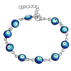 Edforce Stainless Steel Women's Charm Bracelet Green | Gold Enamel Evil Eye Protection Link Chain Adjustable, 8" (Aqua, Silver-and-Stainless-Steel)