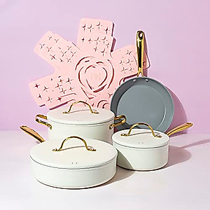 Paris Hilton Iconic Nonstick Pots and Pans Set, Multi-layer Nonstick Coating, Matching Lids With Gold Handles, Made without PFOA, Dishwasher Safe Cookware Set, 10-Piece, Cream