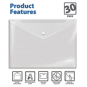 Clear Reusable Plastic Envelopes with Snap Closure, Plastic Document Holders, 13" x 9" XL Size for Letter Paper, 30 Pack, by Better Office Products, Poly File Envelopes, Clear, 30 Pack