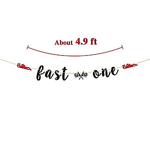 Aonbon Black Glitter Fast One Banner, Race Car Themed Banner, Baby Boy's 1st Birthday Decoration, Chequered Flag Themed Party Supplies