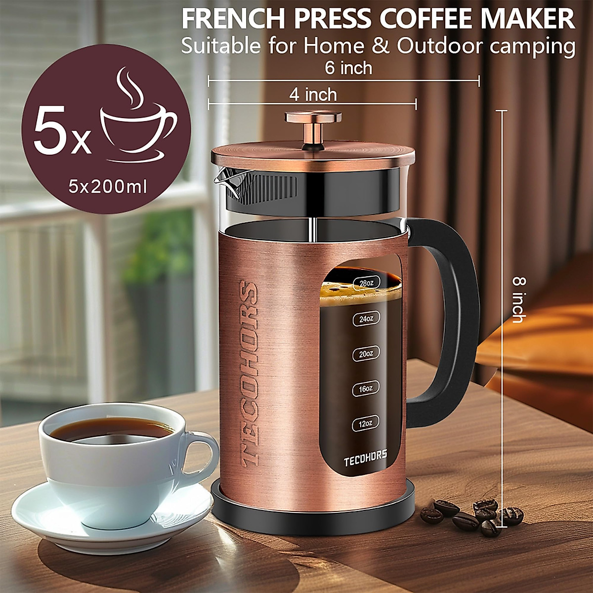 TECOHORS French Press Coffee Maker 34oz / 1 Quart 304 Stainless Steel Coffee Press,with 4 Filters System, Heat Resistant Thickness Borosilicate Glass, Brewed Coffee Pot (Copper)