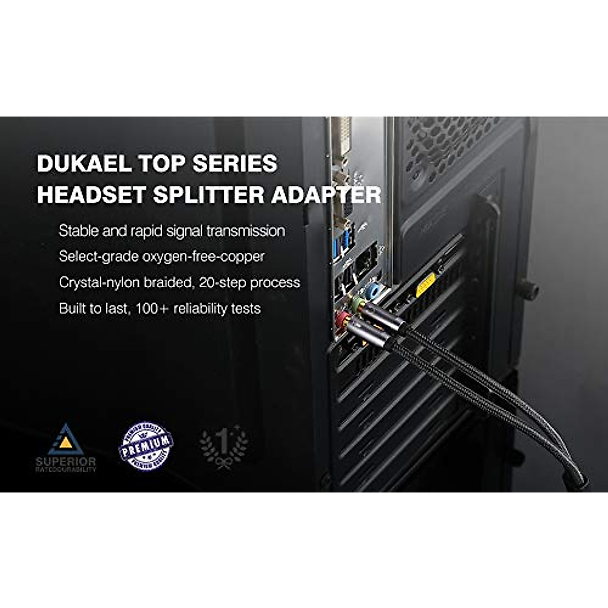 DUKABEL Long Headset Splitter Cable (4ft/1.2m), 3-Pole TRS Microphone(Male) & Audio(Male) to Single 4-Pole TRRS (Famle) Jack Headphone Adapter/Crystal-Nylon Braided / 24K Gold Plated / 99.99% 4N OFC