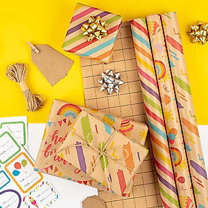 RUSPEPA Wrapping Paper Rolls with Tags and Jute String - Mini Roll - 17 inches x 10 feet per Roll, Total of 3 Rolls, Birthday