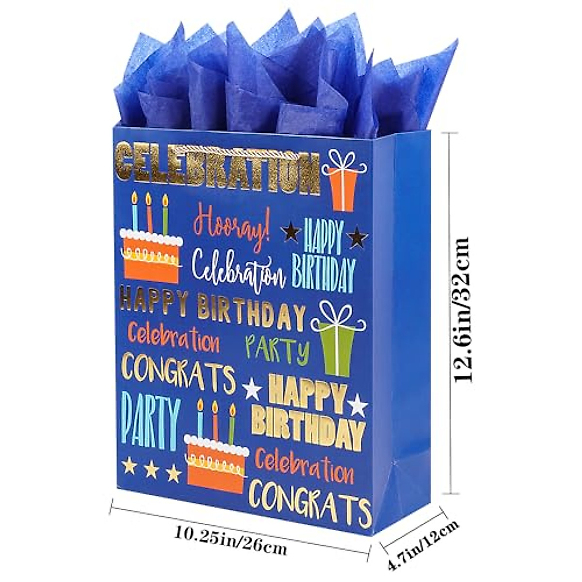 Jaywayang 12.6" Large Happy Birthday Gift Bag with Card and Tissue Paper (Blue)