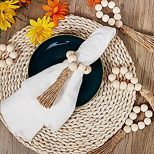 Wood Bead Napkin Rings Set of 12, Farmhouse Napkin Rings Elastic Boho Napkin Rings Stretchable, Rustic Coastal Napkin Ring Tassel Fall Napkin Rings for Valentine's Day Wedding Party Table Decor