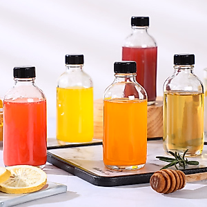 6 Pack, 4 oz Small Clear Glass Bottles with Lids & 2 Stainless Steel Funnels - 120ml Boston Sample Bottles for Potion, Juice, Wellness, Ginger Shots, Whiskey, Liquids - Mini Travel Essential Bottles