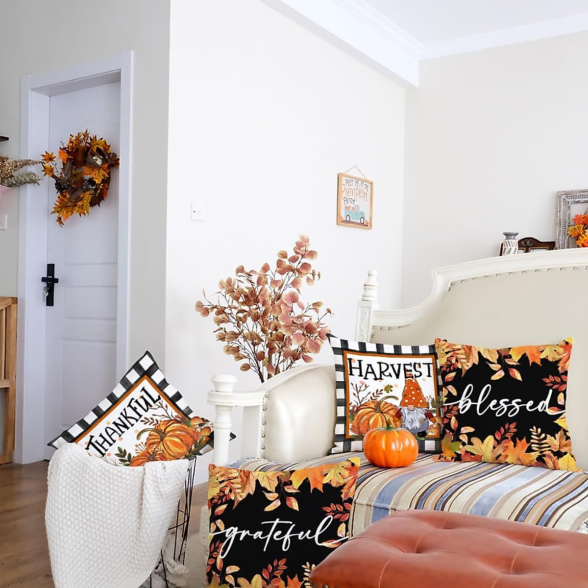 GEEORY Fall Decorative Throw Pillow Covers 18 x 18 Inch Set of 4, Thankful Grateful Blessed Harvest Pumpkin Gnome Thanksgiving Fall Decor Outdoor Farmhouse Pillow Cases for Home Couch G345-18