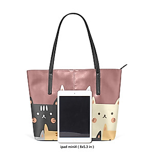 Cartoon Cat Cute Handbags Shoulder Bag Large Leather Tote Bags for Women Top Handle Shoulder Satchel White with Zipper Pocket for Work Travel