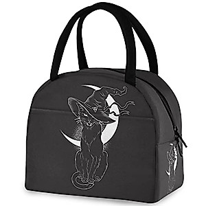 ZzWwR Black Cat in Witch Hat Halloween Lunch Tote Bag with Front Pocket Reusable Insulated Thermal Zipper Closure Cooler Container Bag for School Work Picnic Travel Fishing Beach