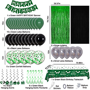 Green and Black Party Decorations, Green Birthday Decorations for Men Women Boys Girls with Green Happy Birthday Banner Tablecloth Fringe Curtains Streamers Confetti Balloons, Green Party Supplies
