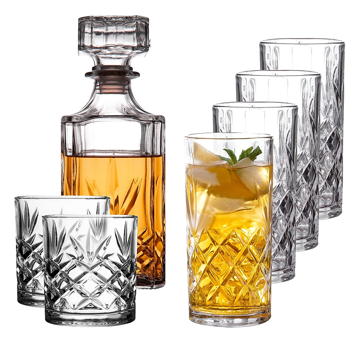 Royalty Art Kinsley Tall Highball set of 8, And Whiskey Glasses Set with Decanter 5-Pc Set,Textured Designer Glassware for Drinking Water, Beer, or Soda, Trendy and Elegant Dishware, Dishwasher Safe