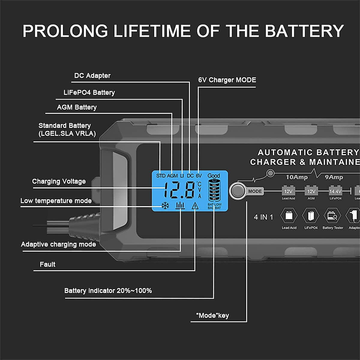 Andeman 10-Amp Automotive Smart Battery Charger, 6V 12V 10A / 14.4V 9A Portable Battery Tender Car Battery Charger, Deep Cycle Battery Maintainer for Car Truck Motorcycle SUV UTV ATV RV Motorboat