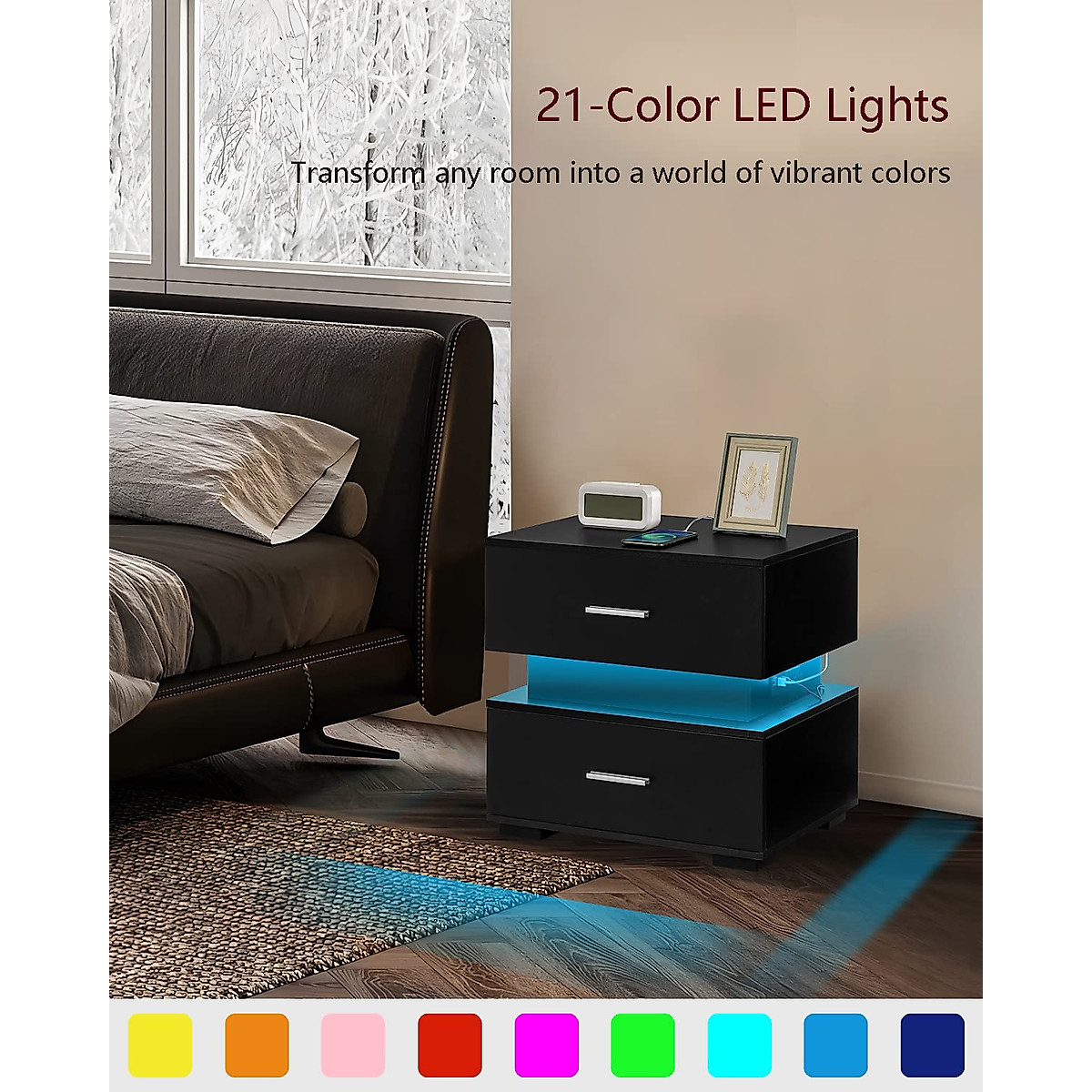 WEENFON Night Stands, LED nightstand with Charging Station, Bedside Table with 2 Wider and Deeper Drawers, Nightstand, Modern Design, End Side Table, Black