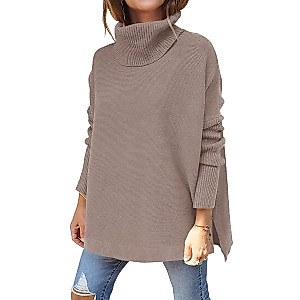 ANRABESS Women's Oversized Turtleneck Batwing Sleeve Spilt Casual Loose Knit Tunic Pullover Sweater Tops 2025 Fall Outfits Brown Small