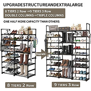 Piggy-G 9 Tiers Shoes Rack for Entryway, Shoe Organizer with Hook Rack, Shoe Storage Shelf Organizer Stackable Long Shoe Shelf for Hallway Entryway, Closet, Garage, Bedroom, Cloakroom