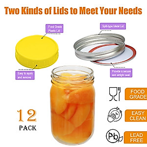 Encheng 12oz Regular Mouth Mason Jars with Lids and Bands,Clear Glass Canning Jars with Metal and Plastic Lids for Preserving,Meal Prep,Food Storage,Jam,Fermenting,Set of 12