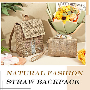Silkfly 2 Pcs Kids Straw Small Backpack and Straw Clutch Bag Handbag Backpack Girls Straw Woven Bag Mini Woven Bag Bohemian Straw Clutch Bag Cute Little House Straw Backpack for Kid Girls