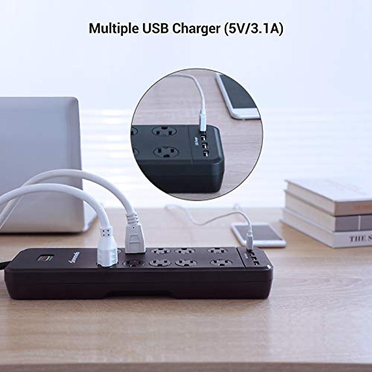 DEWENWILS 10-Outlet Surge Protector Power Strip with 4 USB Ports, 15 FT Long Extension Cord, Right Angle Flat Plug, 2480J Surge Rating 15AMP Circuit Breaker, Wall Mountable, UL Listed